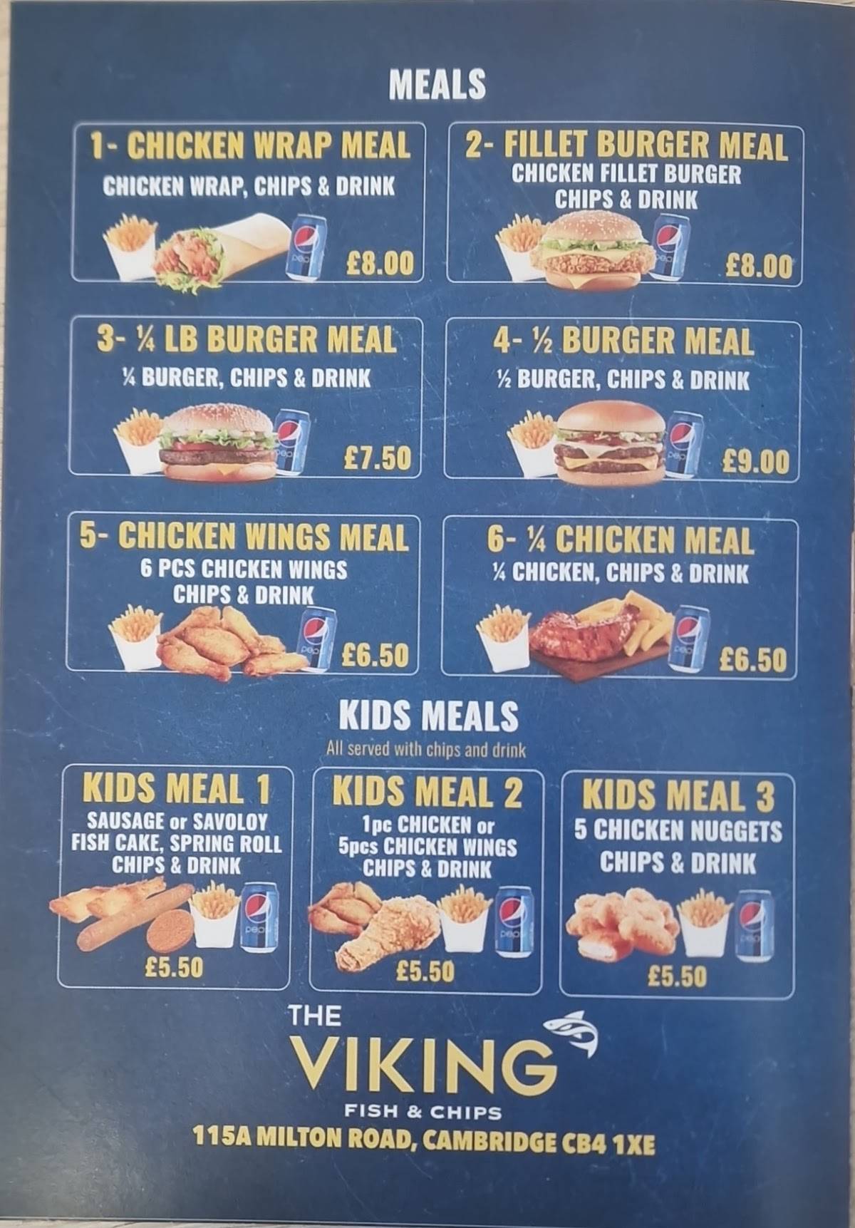 Menu at The Viking fast food, Cambridge
