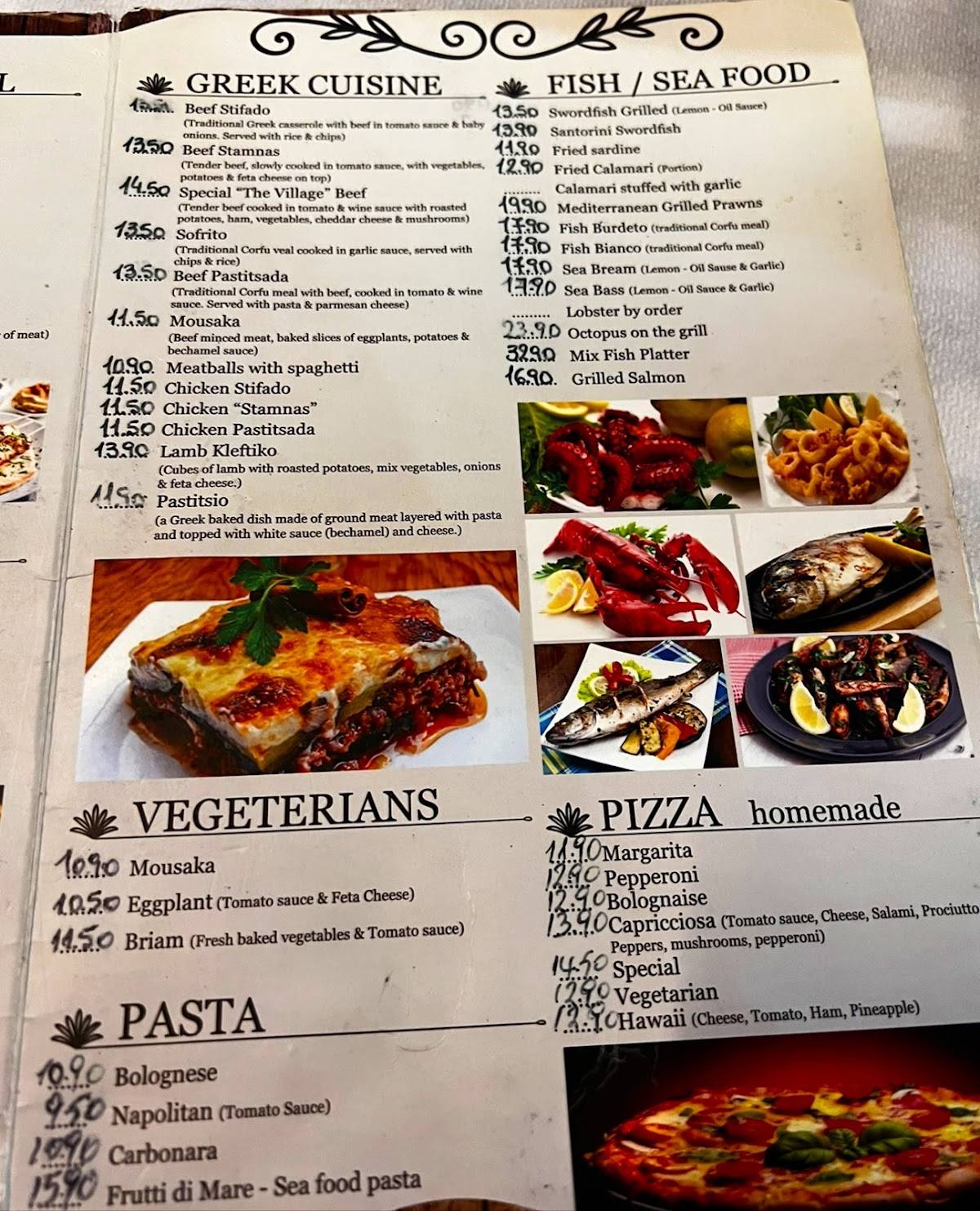 Menu at The Village Taverna, Kavos