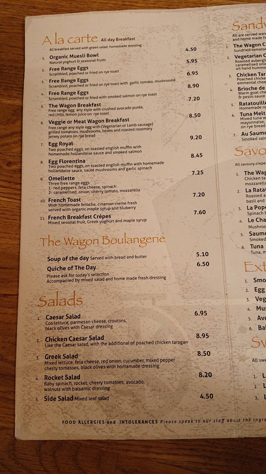 Menu at The Wagon Boulangerie cafe, Loughton