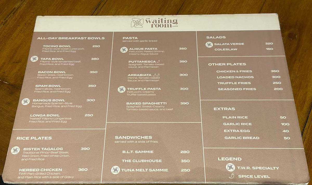 Menu at The Waiting Room Cafe San Pedro, San Pedro