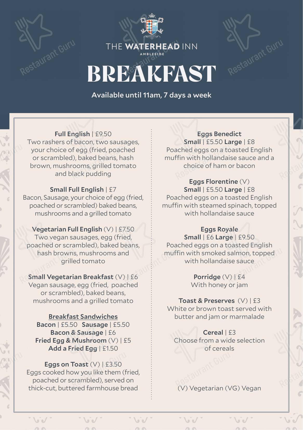 Menu at The Waterhead Inn pub & bar, Ambleside, Lake Rd