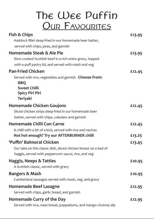 Menu at The Wee Puffin pub & bar, Grantown-on-Spey