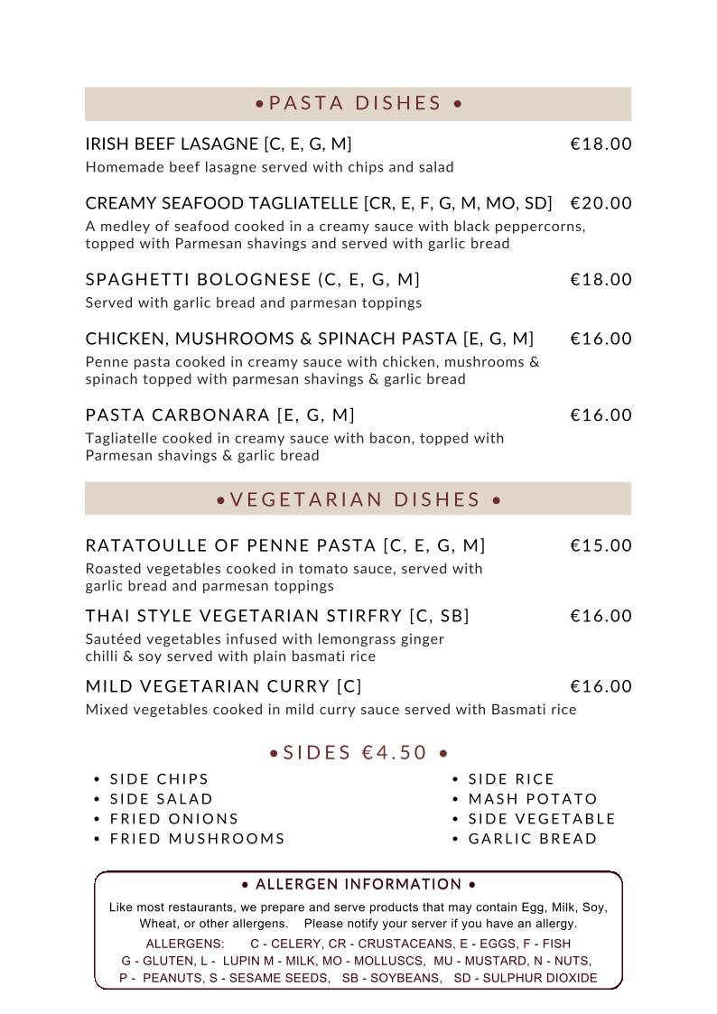 Menu at The West Wing Restaurant, Tuam