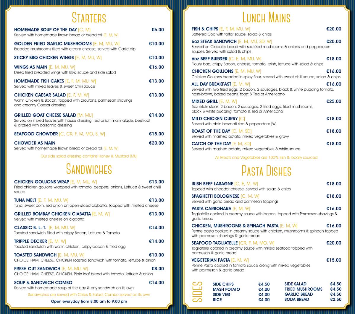 Menu at The West Wing Restaurant, Tuam