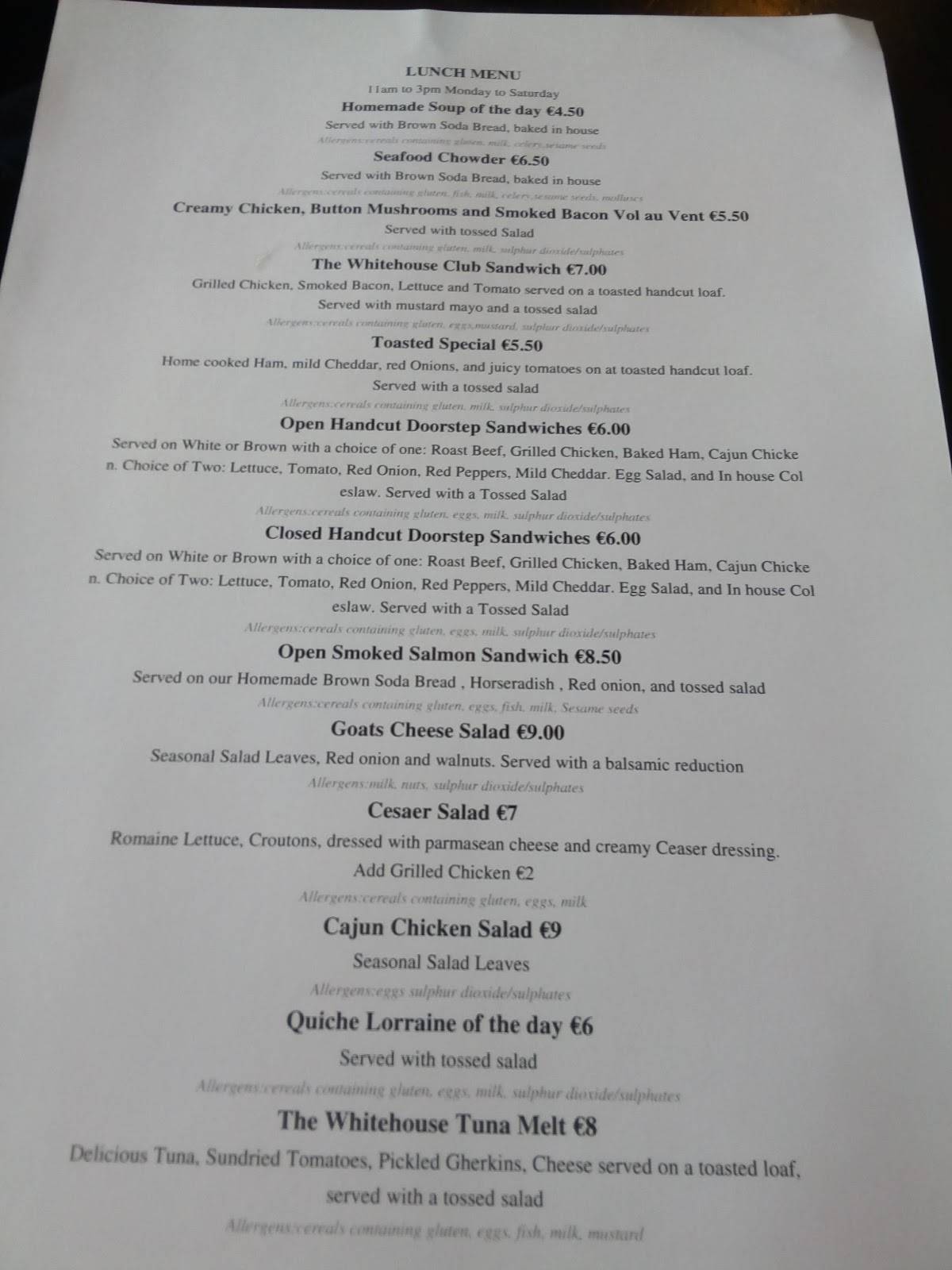 Menu at The White House pub & bar, Limerick