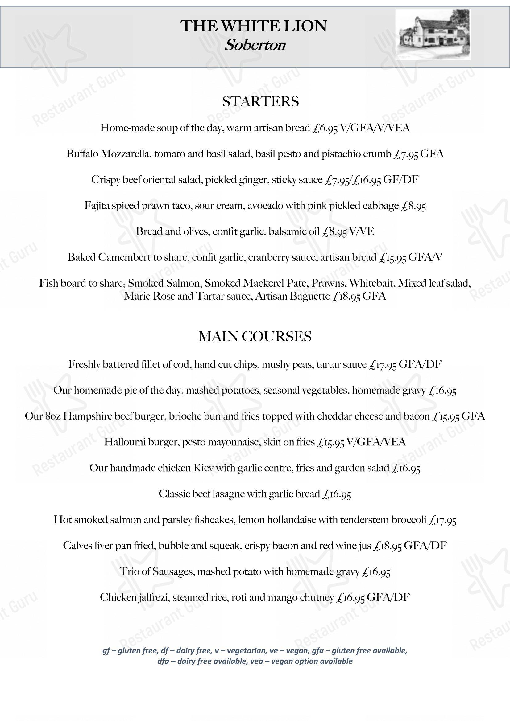 Menu at The White Lion pub & bar, Soberton