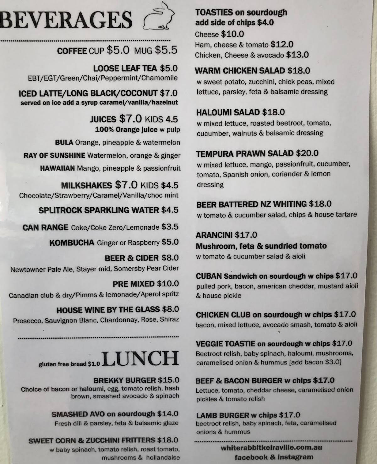 Menu at The White Rabbit cafe, Keiraville, Shop 2/50 Grey St