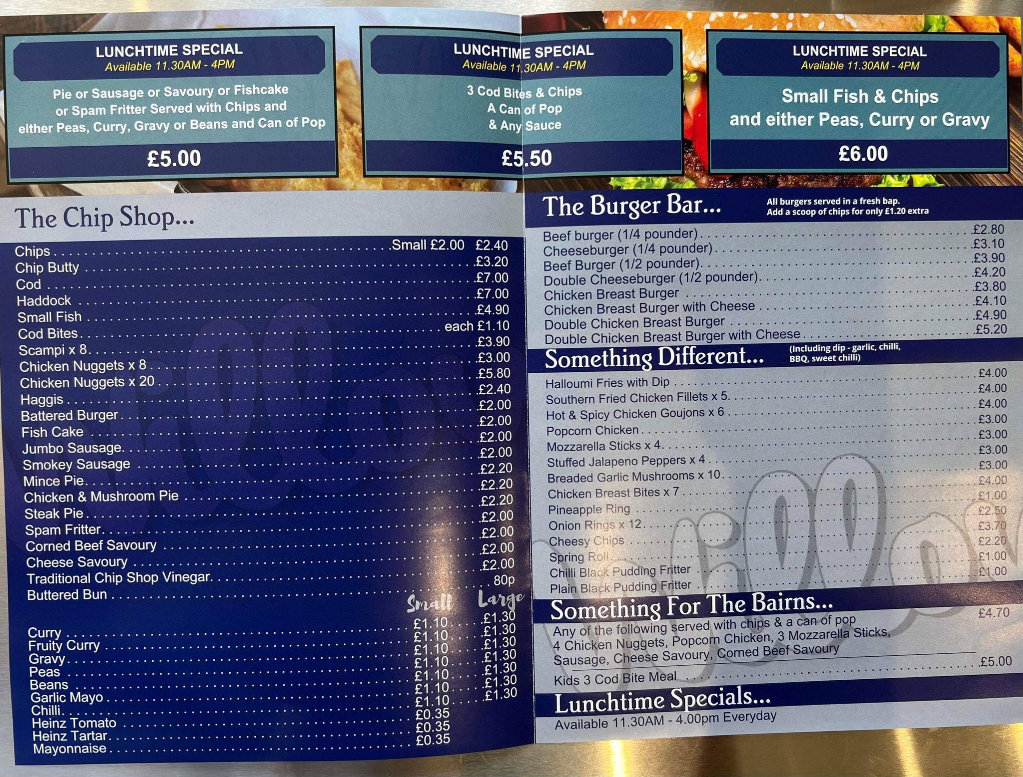Menu at The Willow fast food, Wallsend