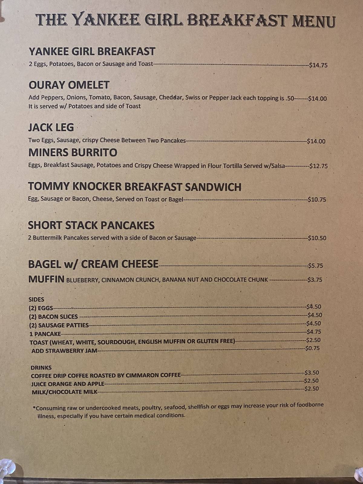 Menu at The Yankee Girl Cafe, Ouray