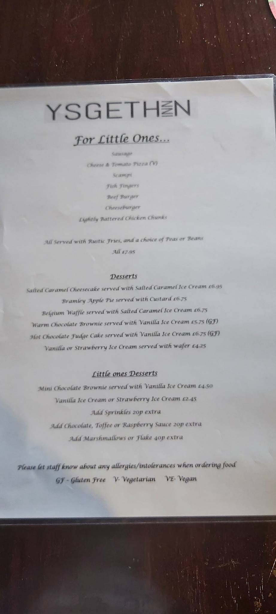 Menu at YSGETHIN INN pub & bar, England, Barmouth