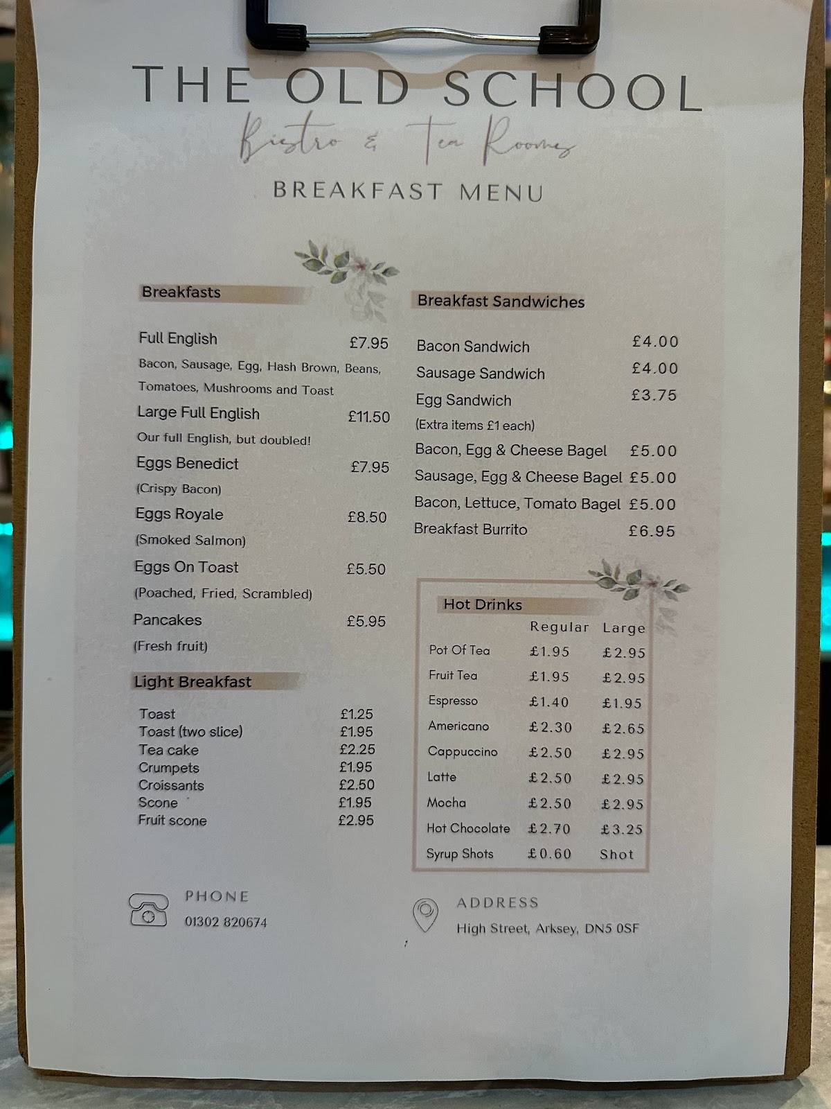 Menu at The old school bistro & tearooms restaurant, Doncaster, High St