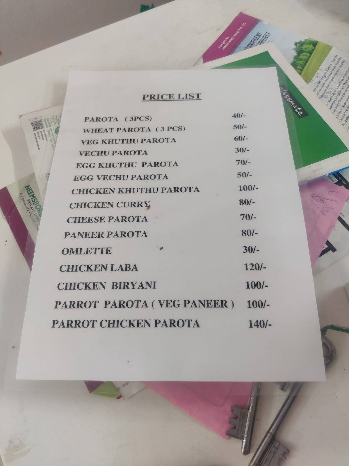 Menu at The parota house, Secunderabad