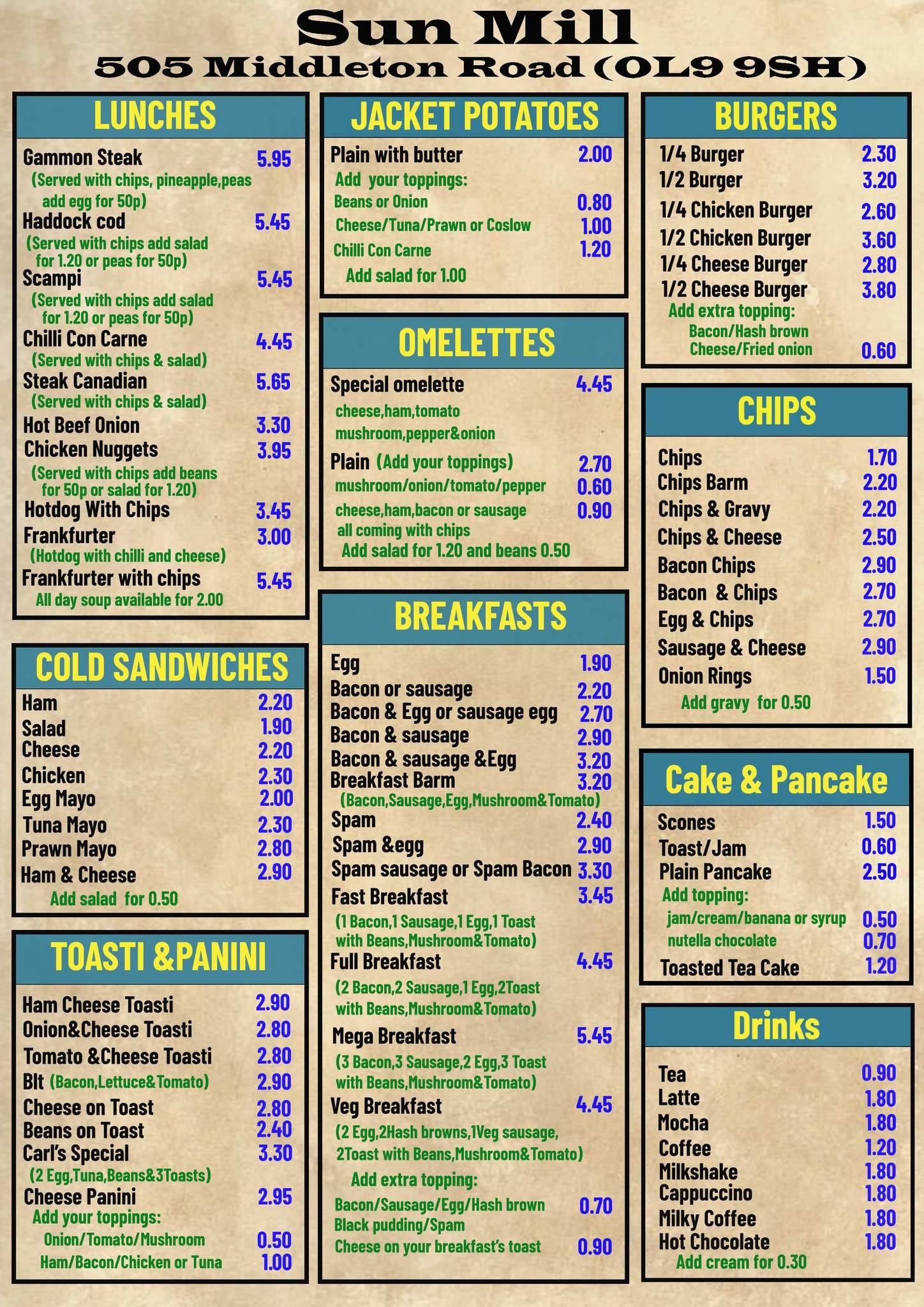 Menu at Sun Mill Inn pub & bar, Oldham