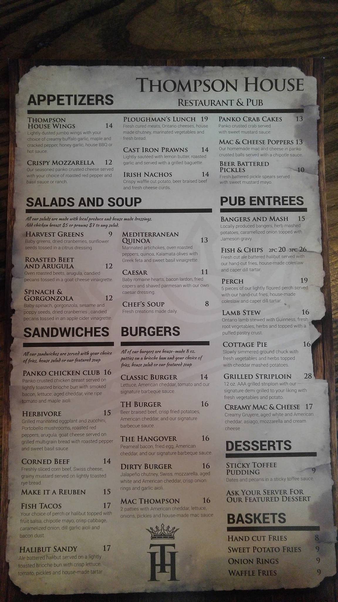 Menu at Thompson House Restaurant & Pub, Windsor, Wyandotte St E