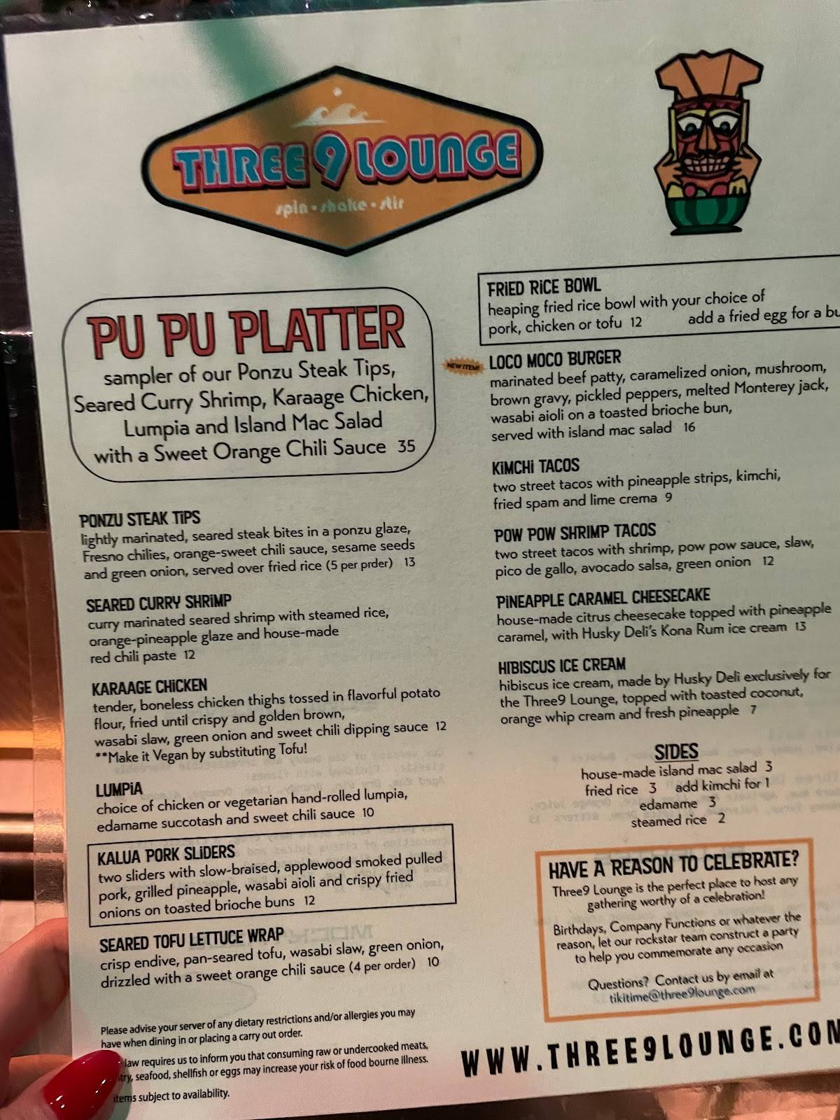 Menu at Three 9 Lounge pub & bar, Seattle