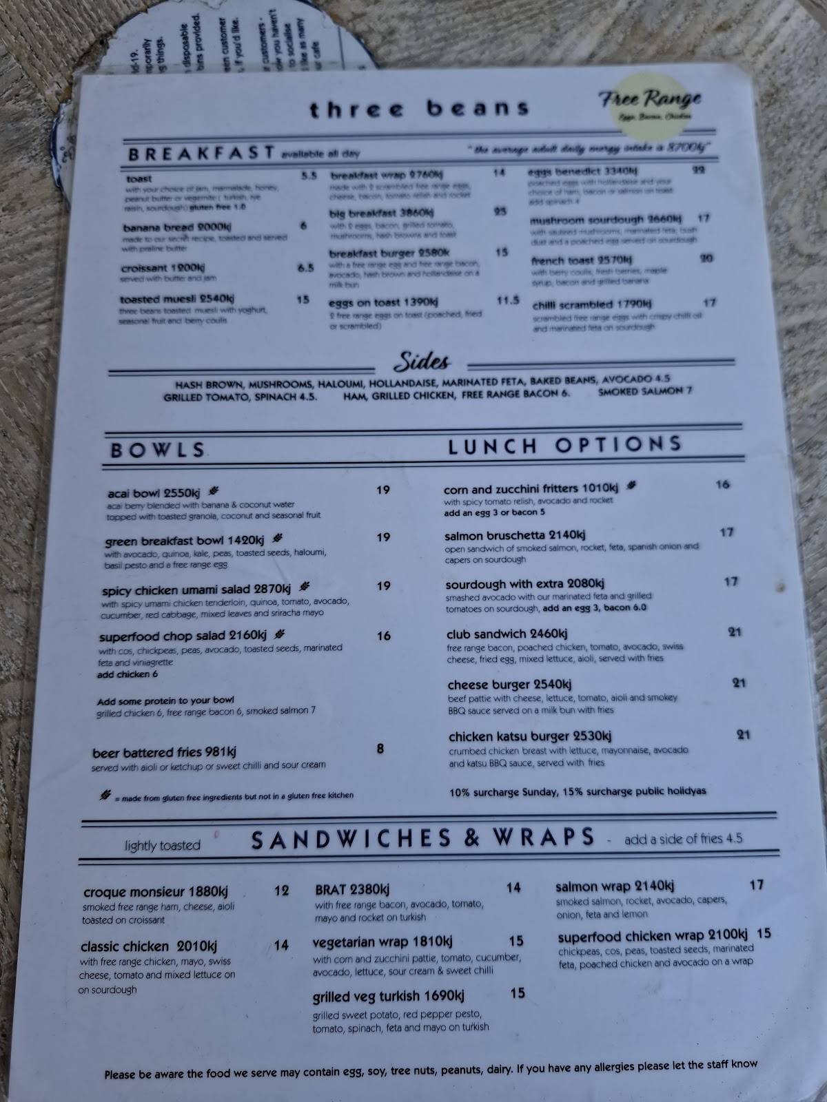 Menu at Three Beans Manly restaurant, Manly, 2A Darley Rd