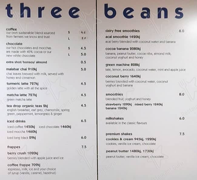 Menu at Three Beans restaurant, Sydney, Kiosk K103