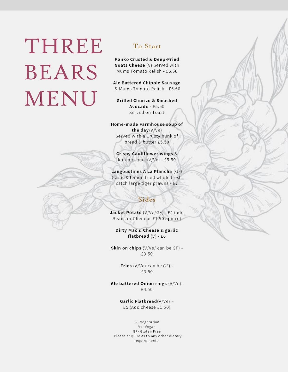 Carta del pub y bar Three Bears, Hazel Grove, Hazel Grove