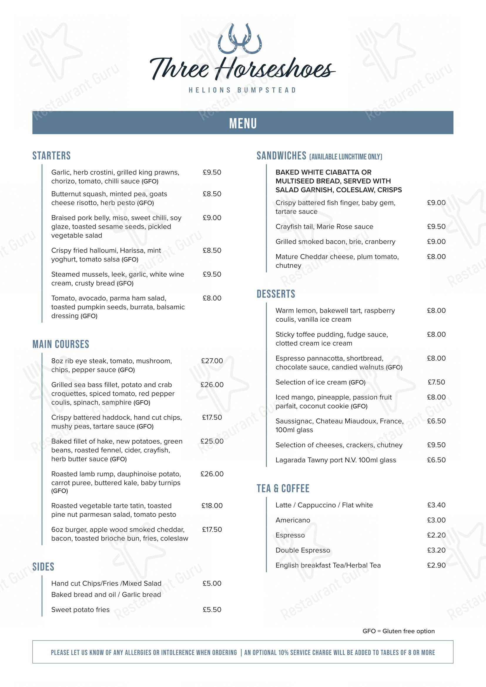 Menu at Three Horseshoes pub & bar, Great Packington