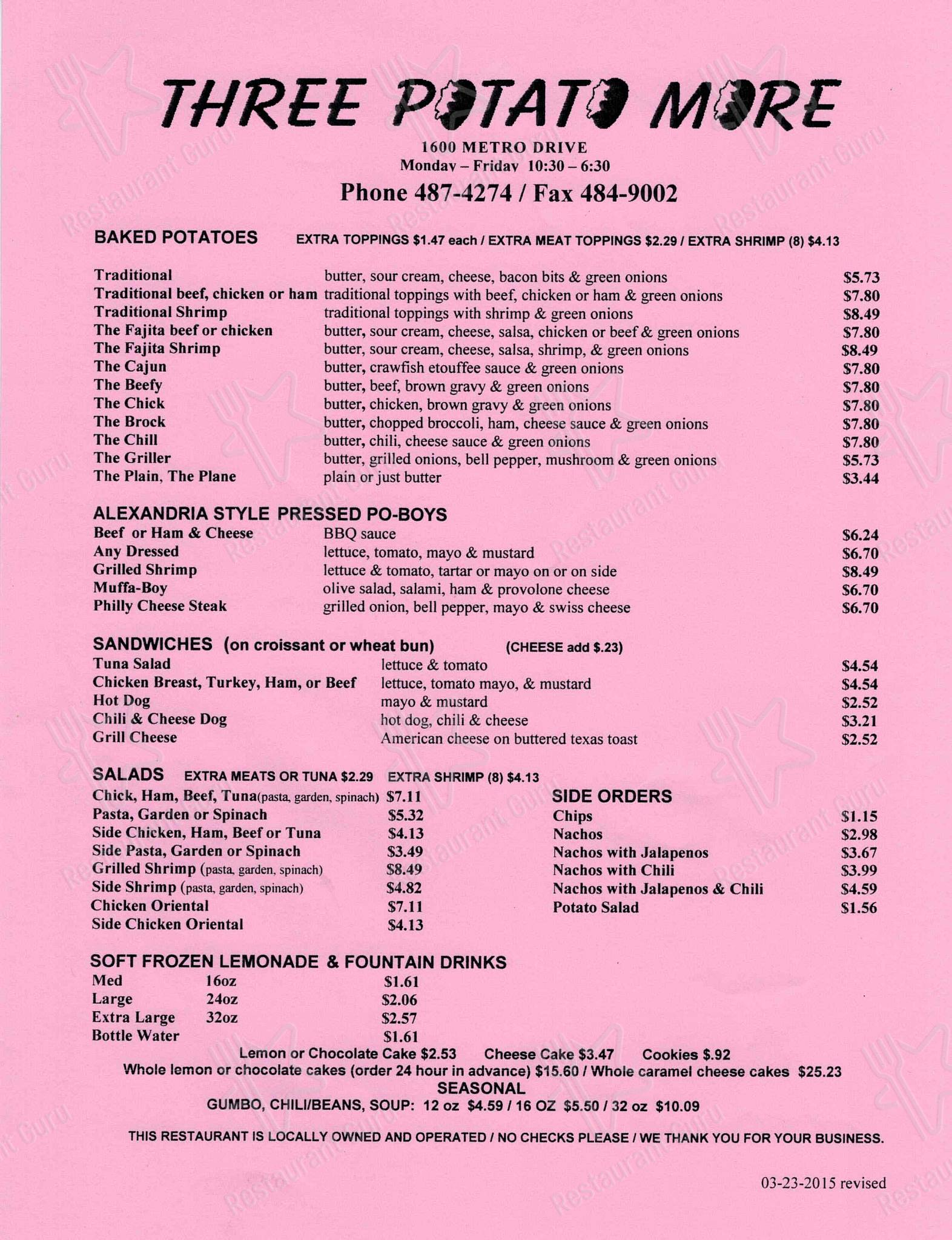 Menu at Three Potato More restaurant, Alexandria