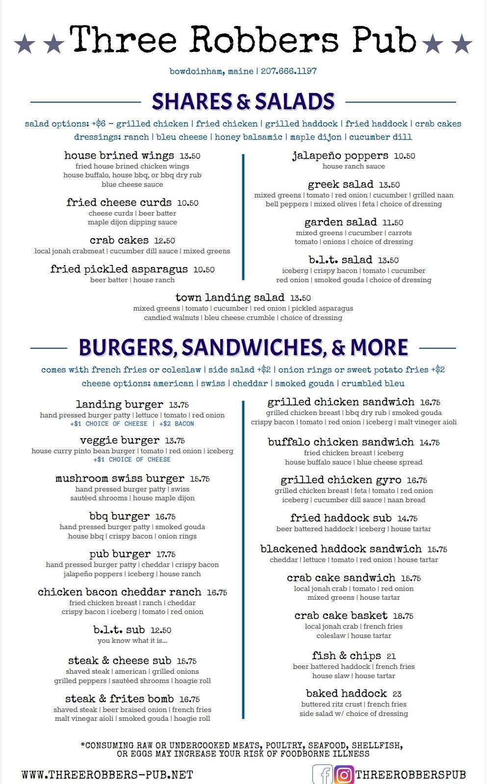 Menu at Three Robbers Pub, Bowdoinham