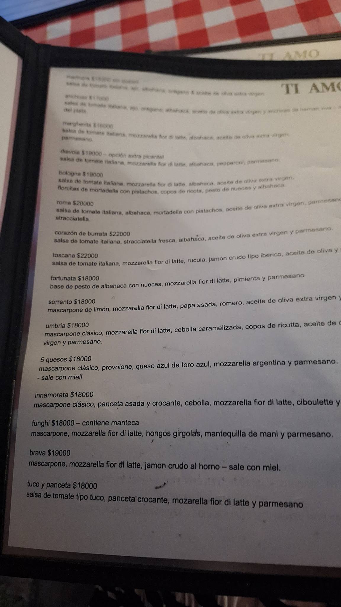 Carta de Ti Amo - Pizzeria Napoletana, Adrogué