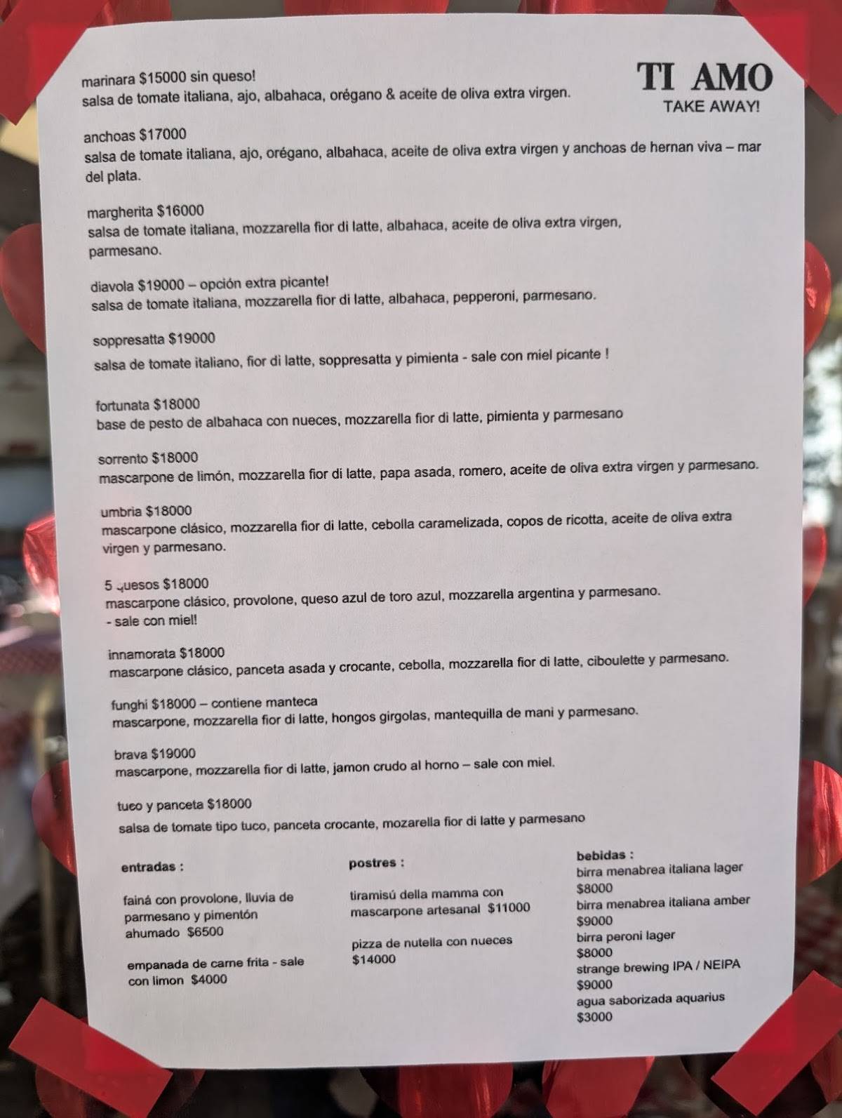 Carta de Ti Amo - Pizzeria Napoletana, Adrogué