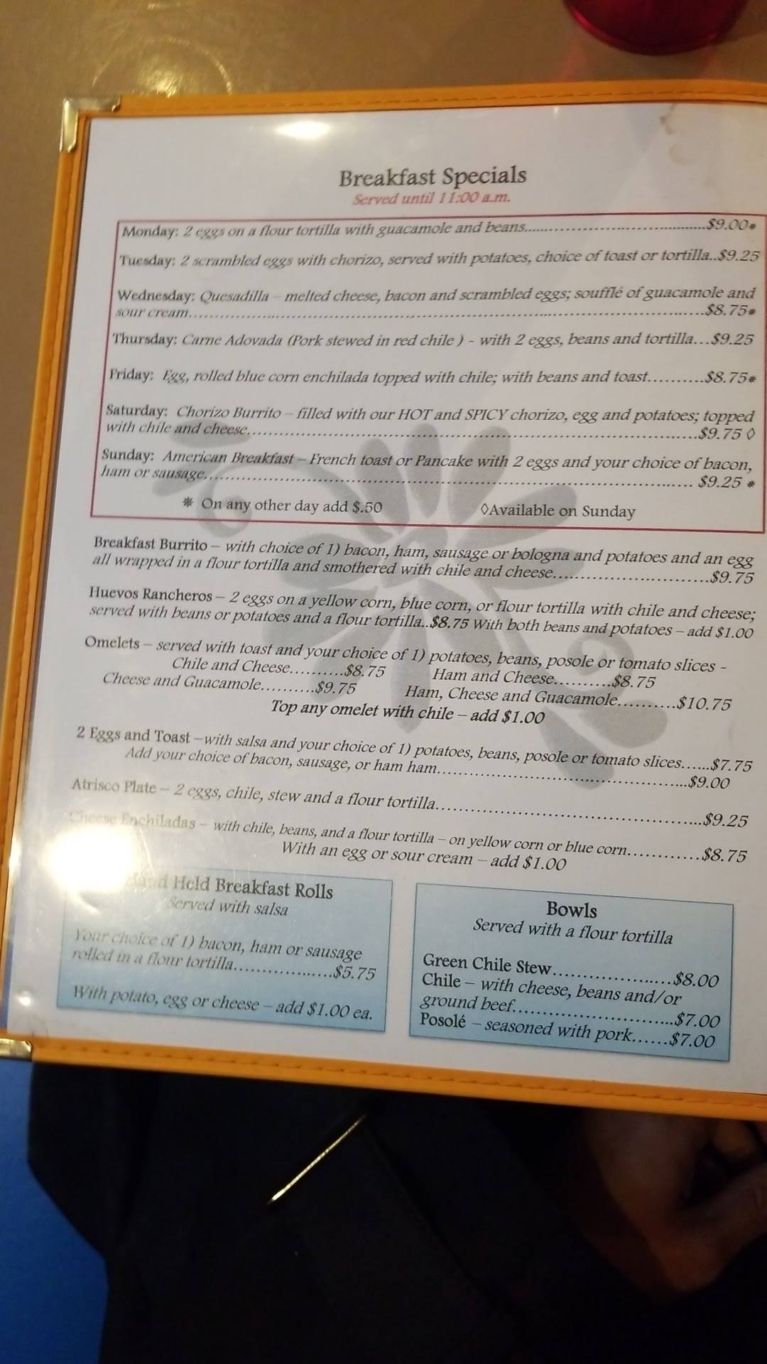 Menu at Tia Sophia's restaurant, Santa Fe