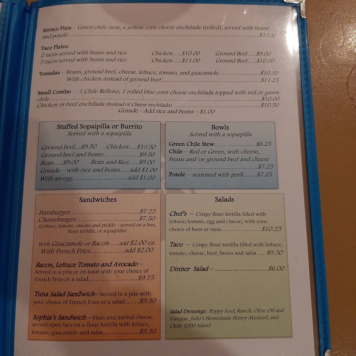 Menu at Tia Sophia's restaurant, Santa Fe