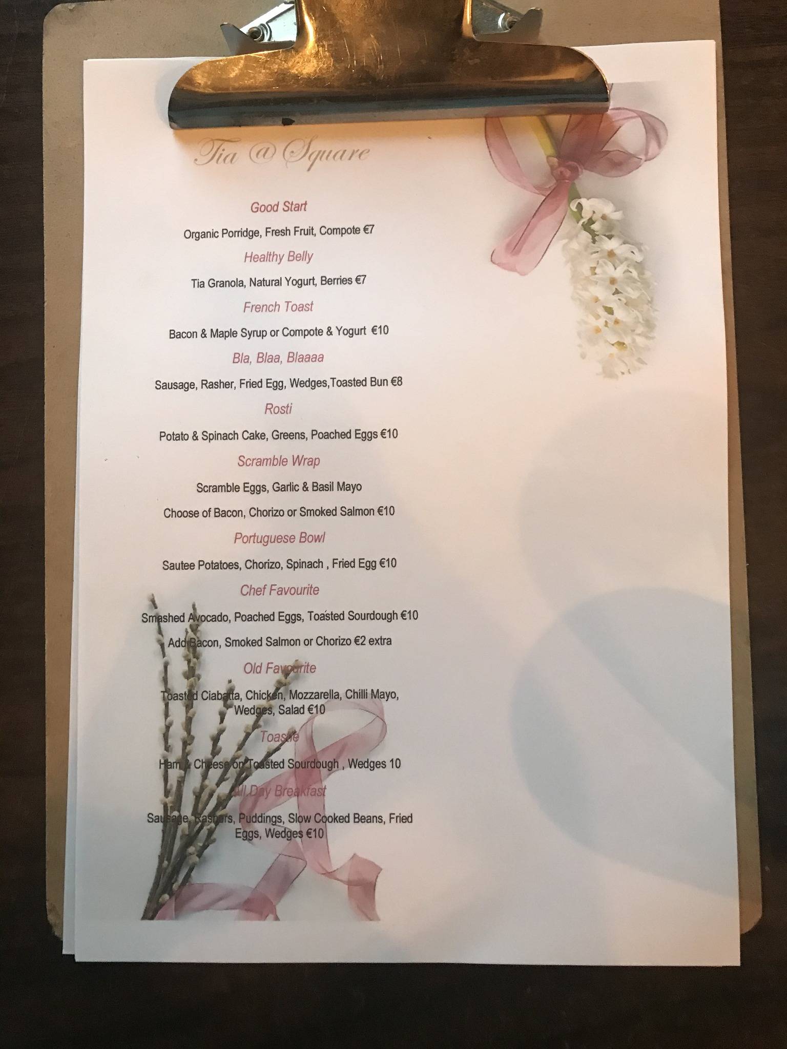 Menu at Tia restaurant, Louisburgh