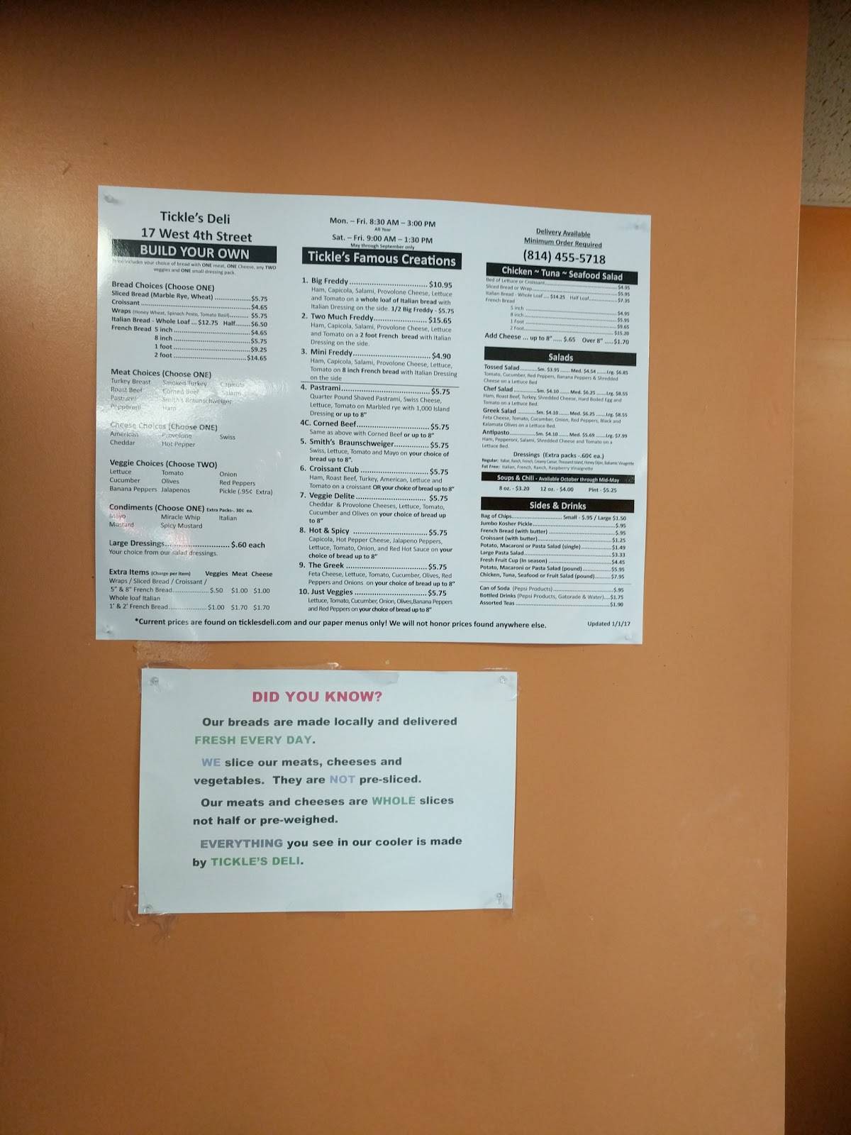 Menu at Tickle's II Sandwich Shop, Erie