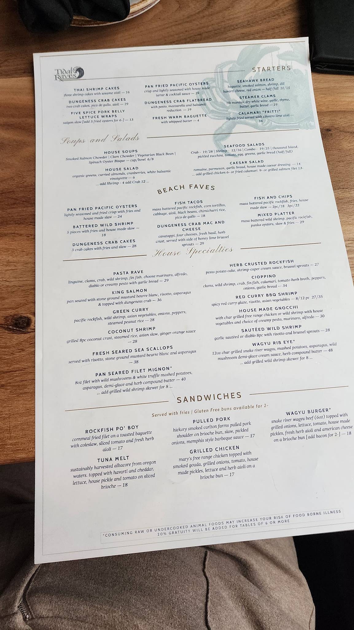 Menu at Tidal Raves Seafood Grill restaurant, Depoe Bay