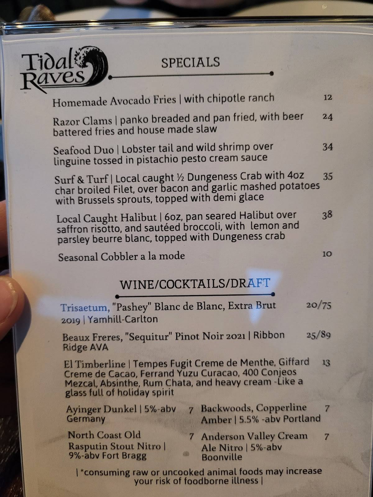 Menu at Tidal Raves Seafood Grill restaurant, Depoe Bay