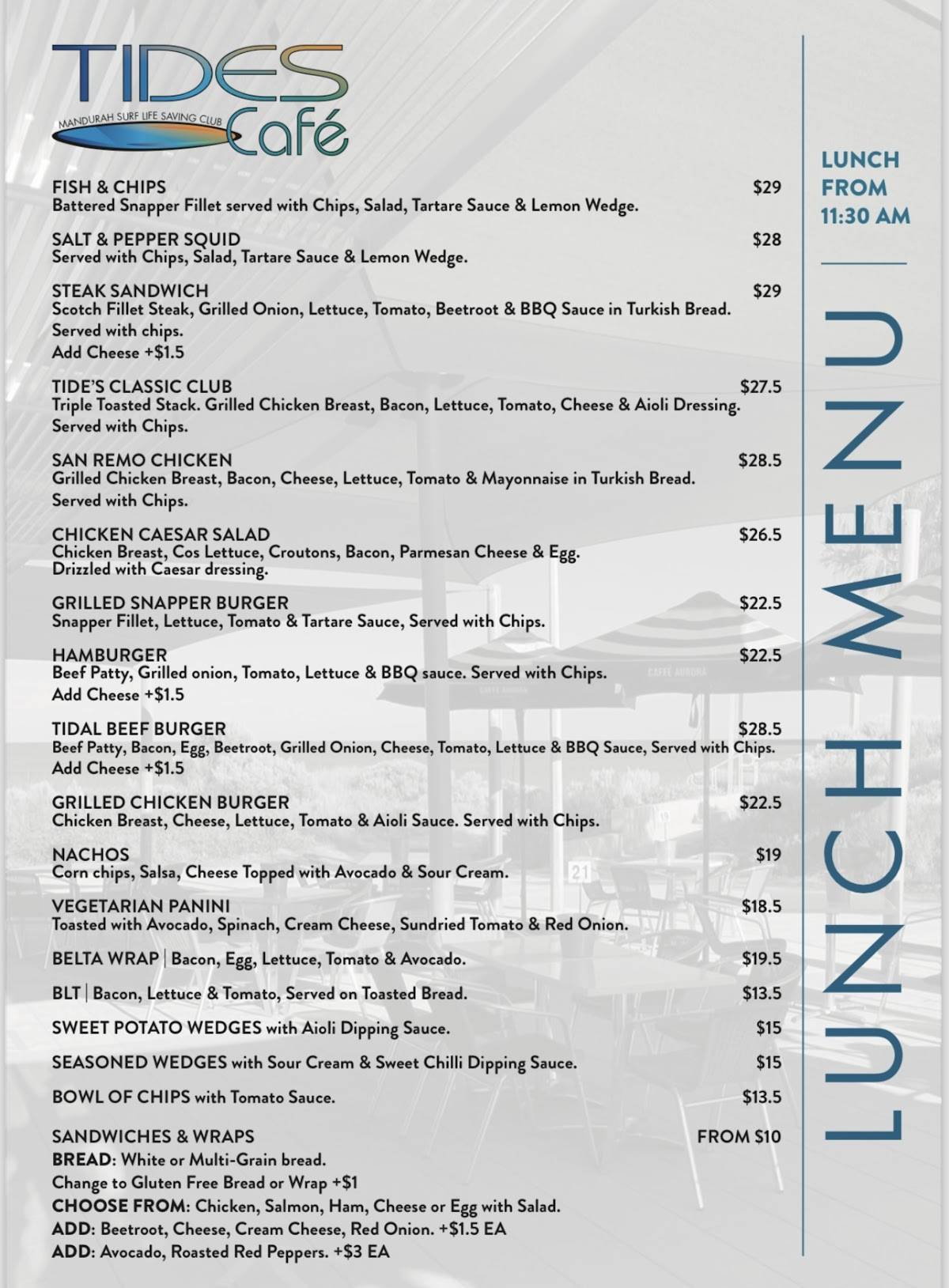 Menu at Tides Cafe, Mandurah