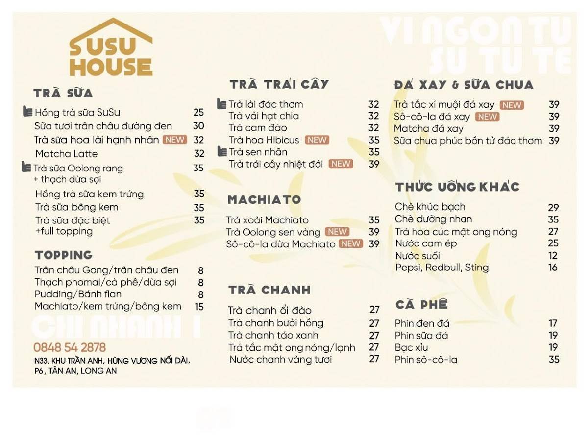 Menu at Tiệm trà bánh Susu house, Tân An