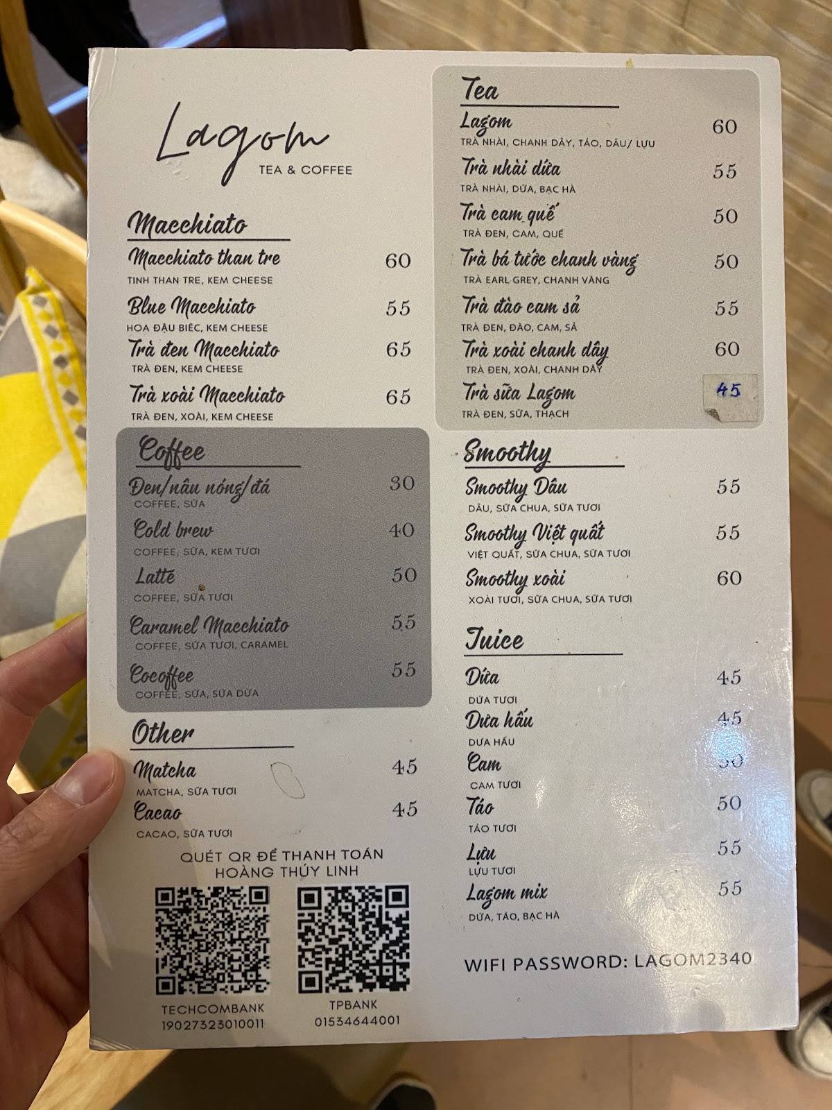Menu at Tiệm trà và làm gốm Lagom cafe, Hanoi