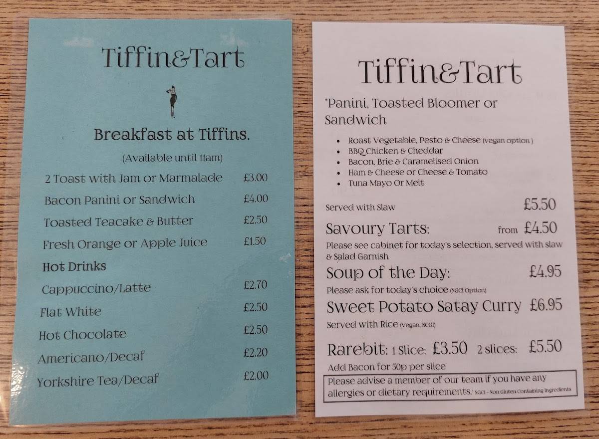 Menu at Tiffin & Tart Limited cafe, Bridlington