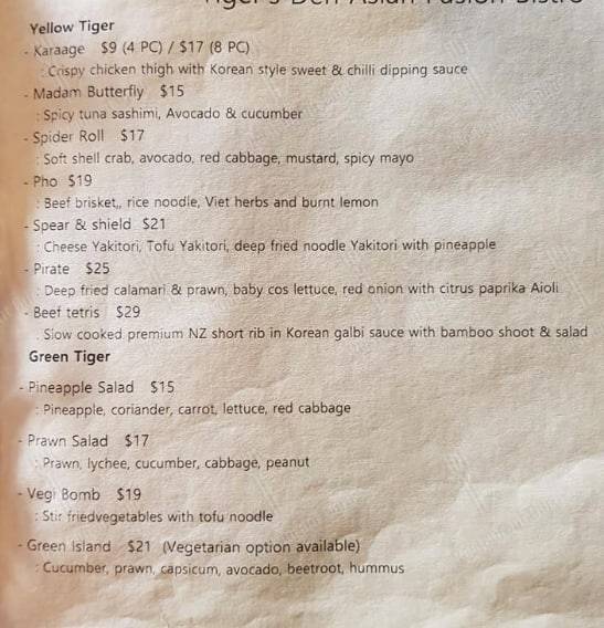 Menu at Tiger's Den restaurant, Auckland
