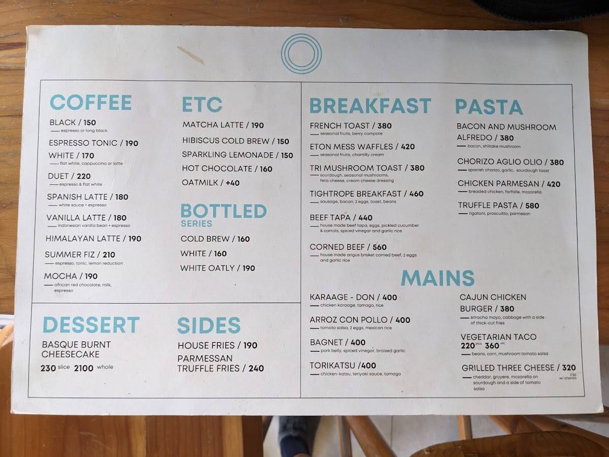 Menu at Tightrope Coffee cafe, Cebu City, M. L. Quezon Avenue