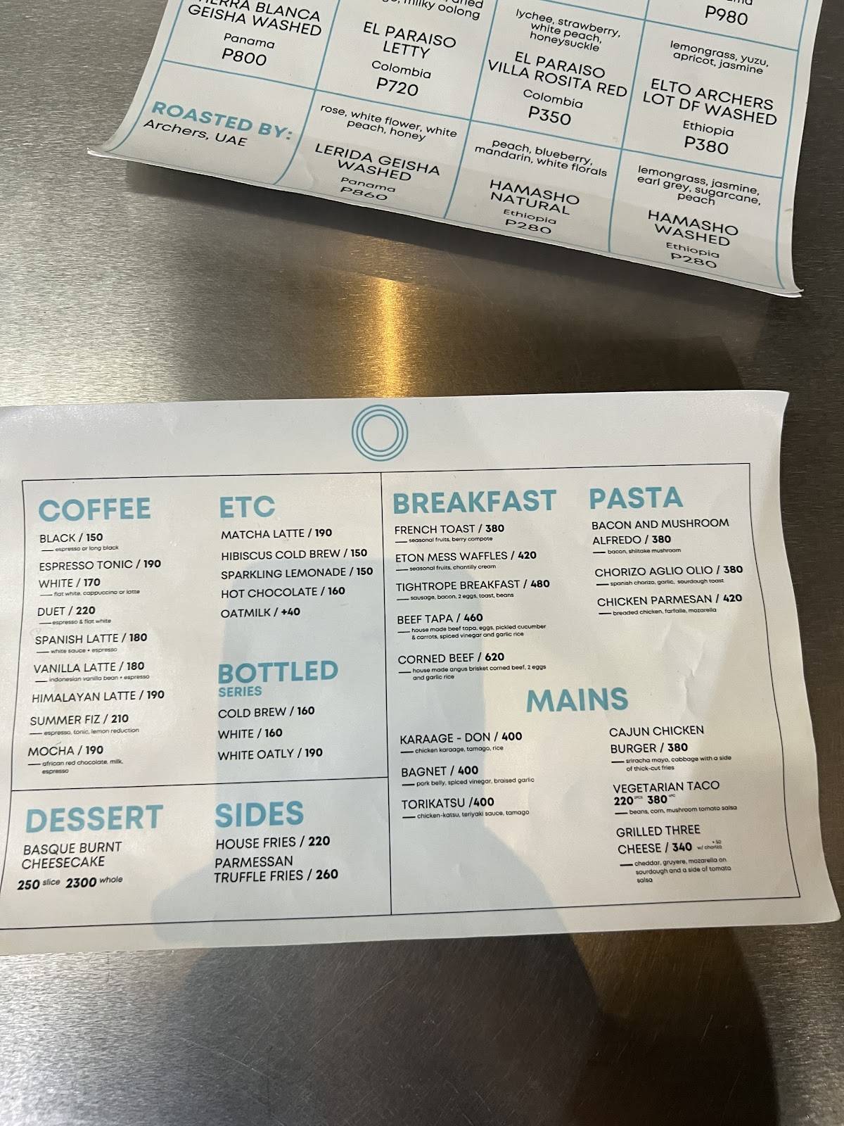Menu at Tightrope Coffee cafe, Cebu City, M. L. Quezon Avenue