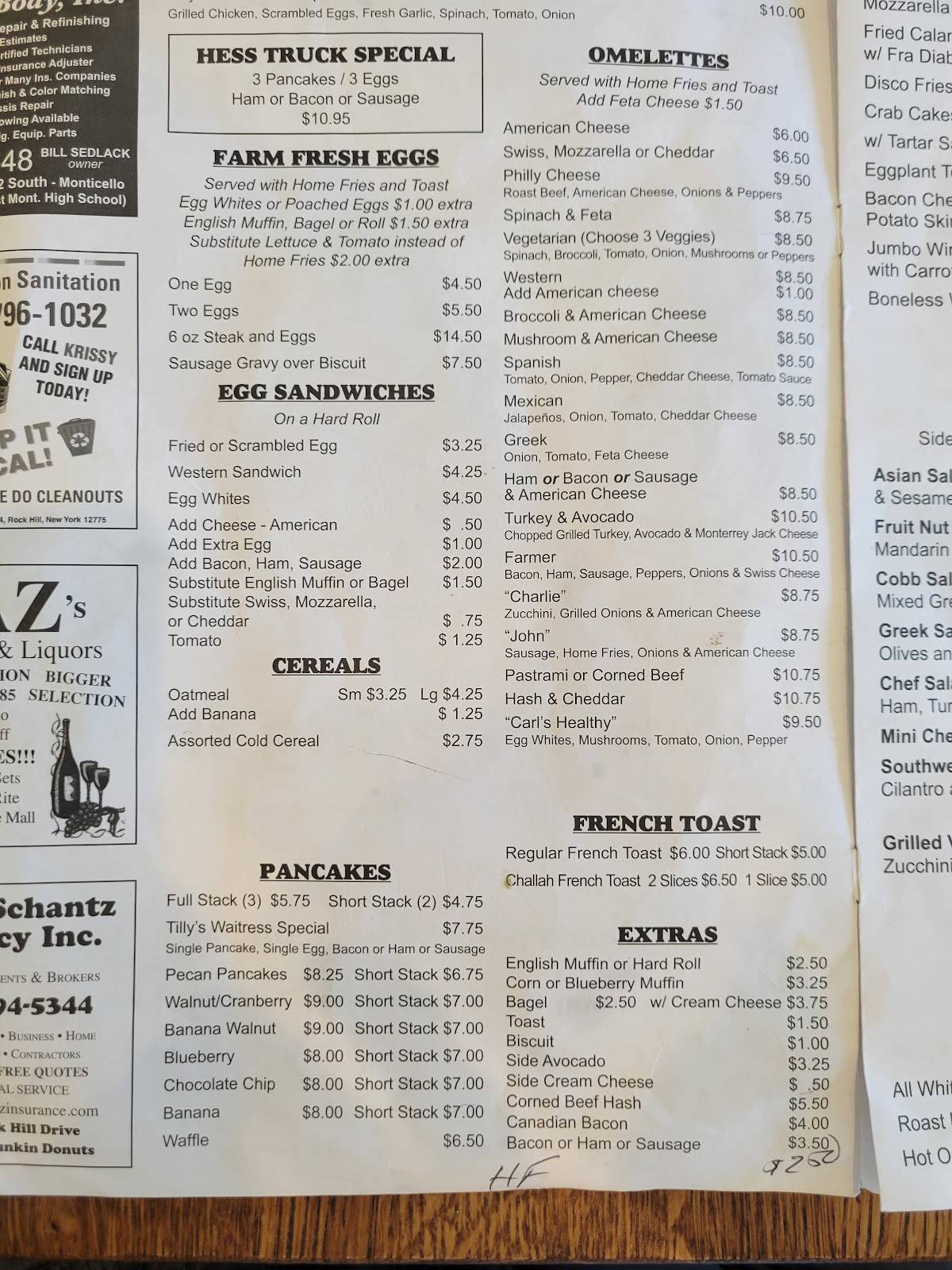 Menu at Tilly's Diner restaurant, Monticello