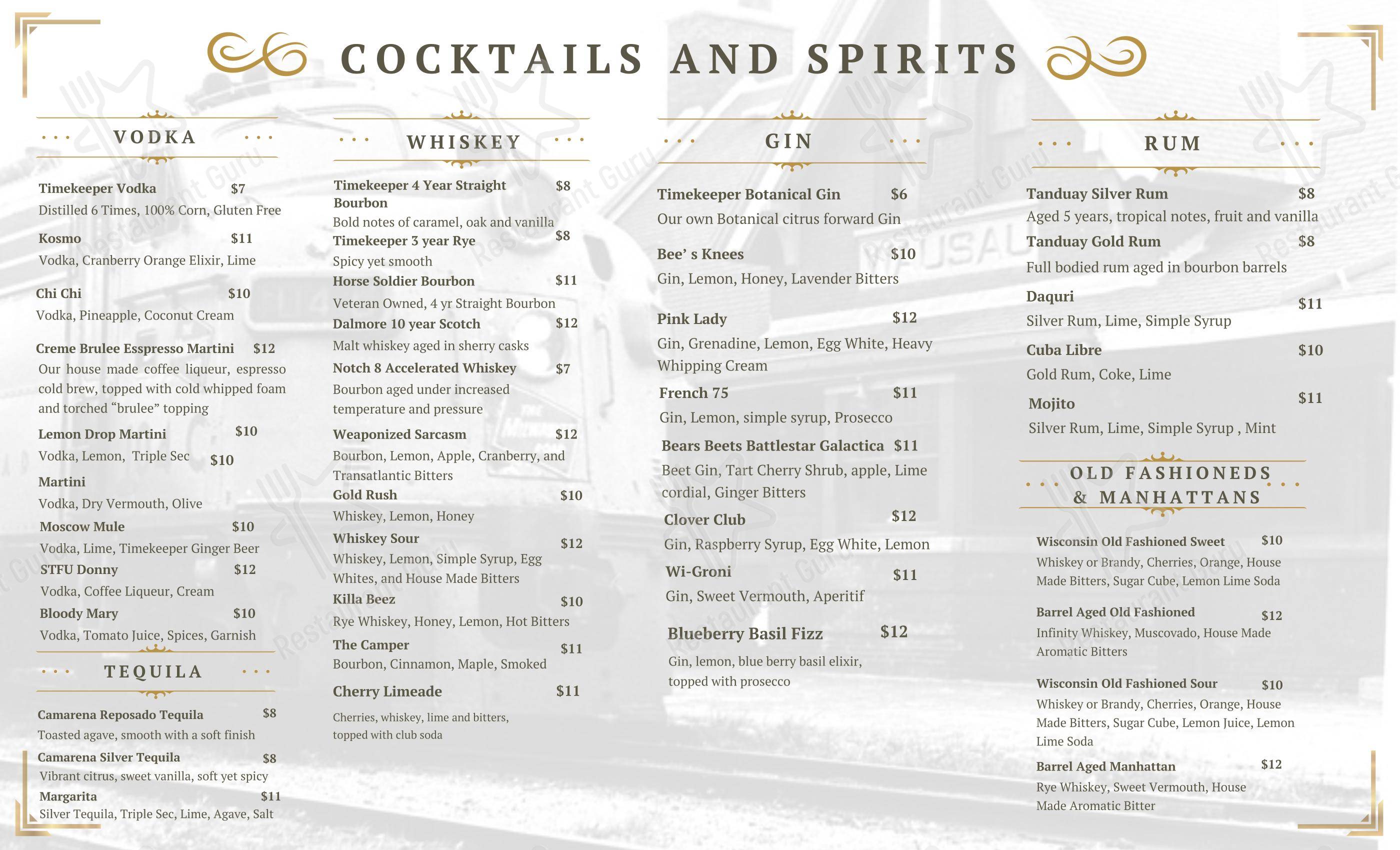 Menu at Timekeeper Distillery pub & bar, Wausau