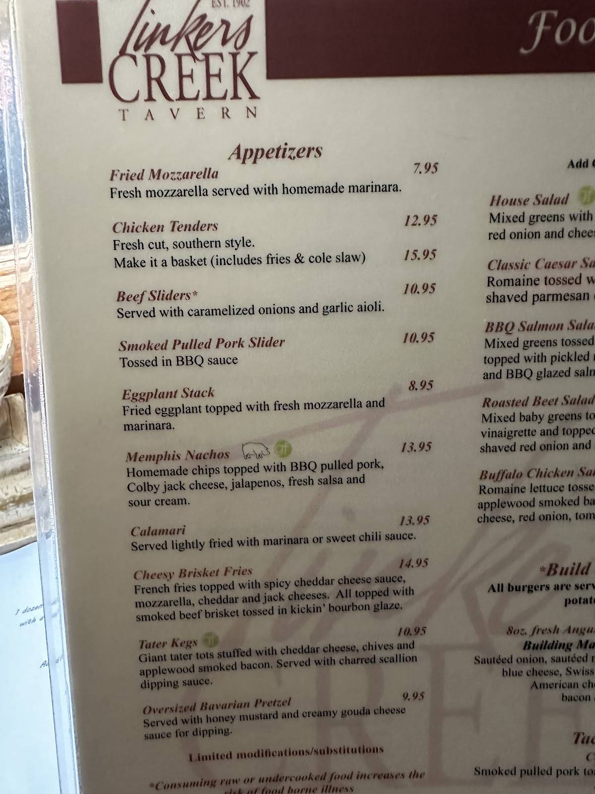 Menu at Tinkers Creek Road Tavern restaurant, Walton Hills