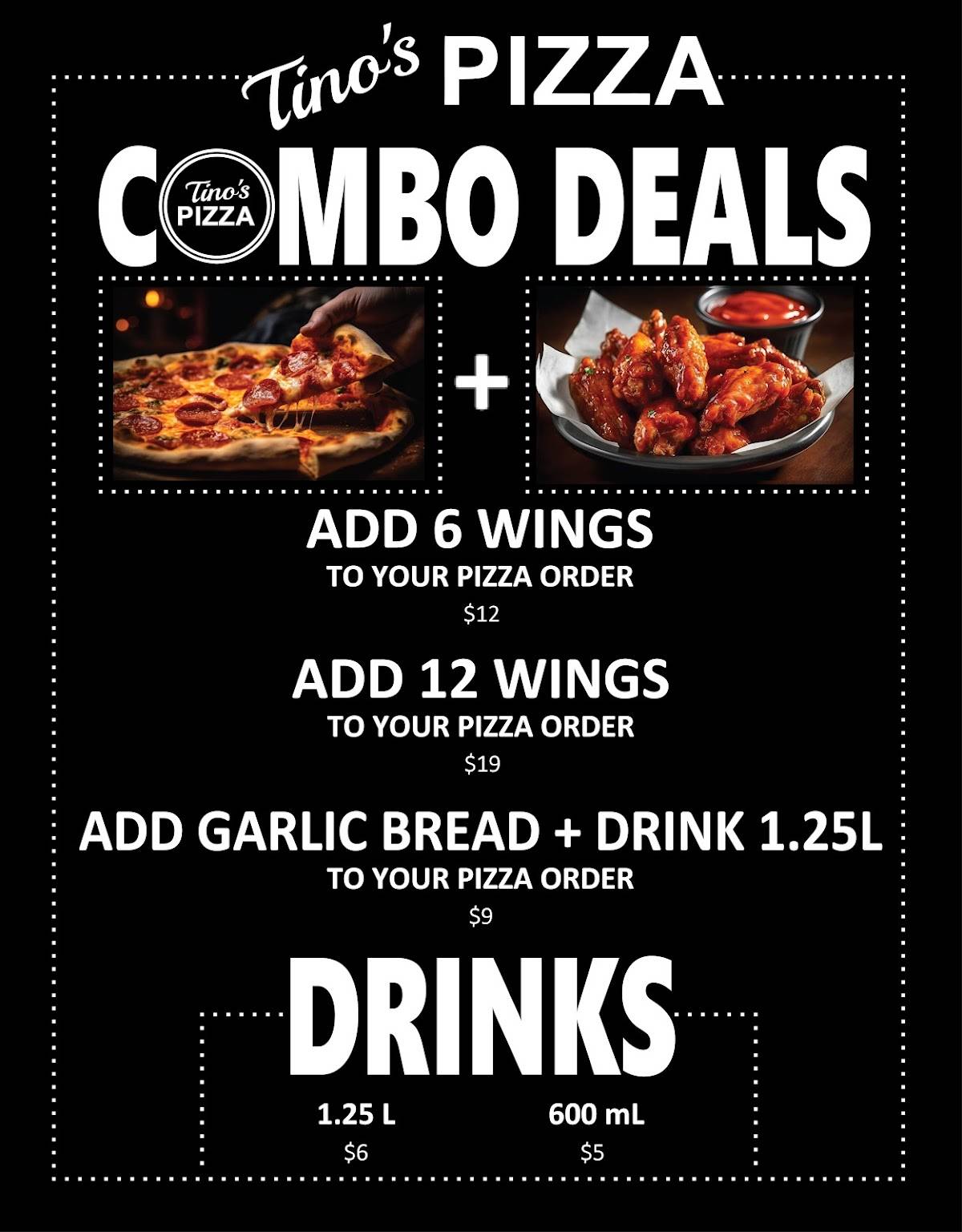Menu at Tino's Pizza Australind pizzeria, Australind