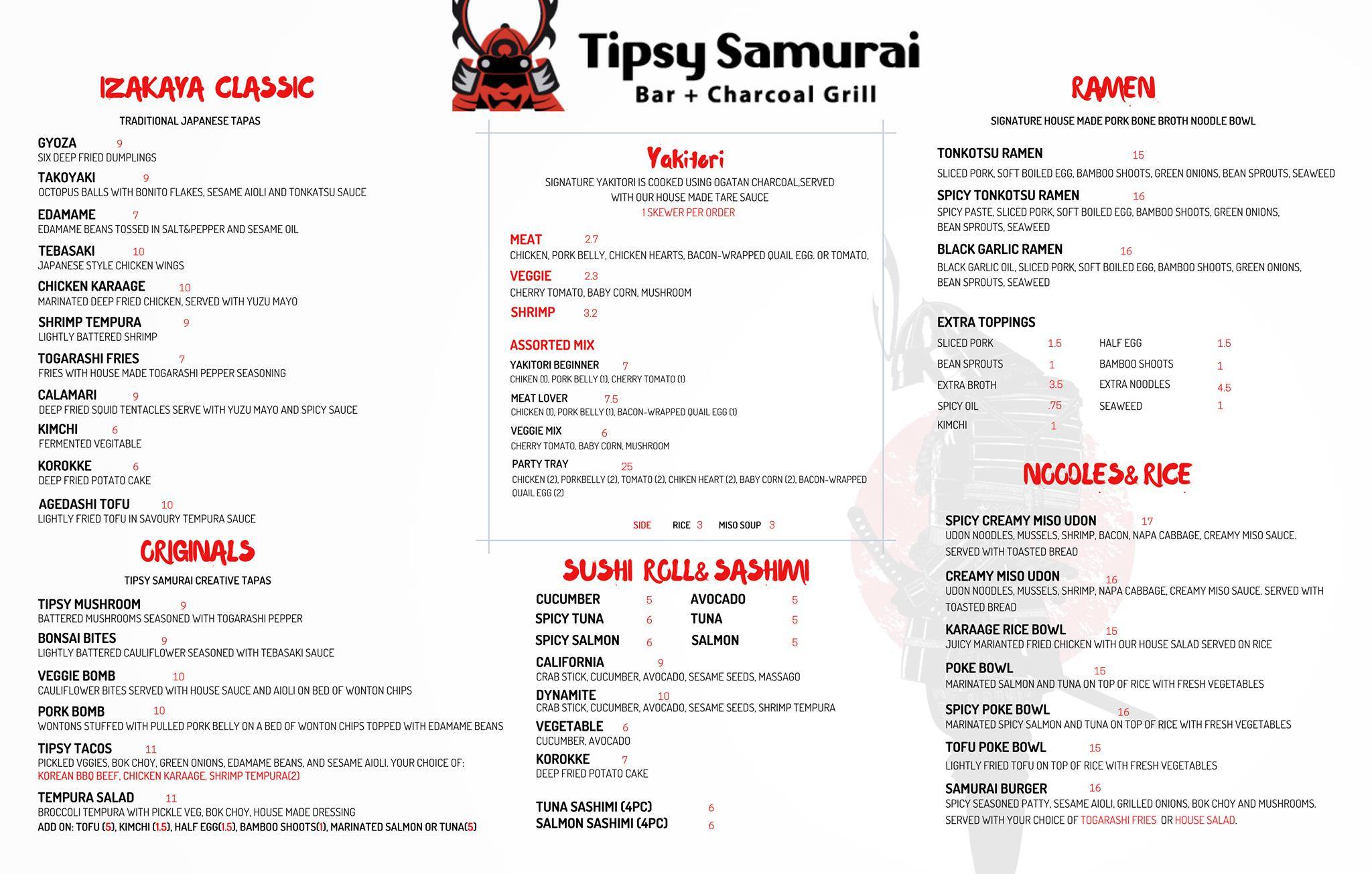 Menu at Tipsy Samurai Bar + Charcoal Grill, Regina