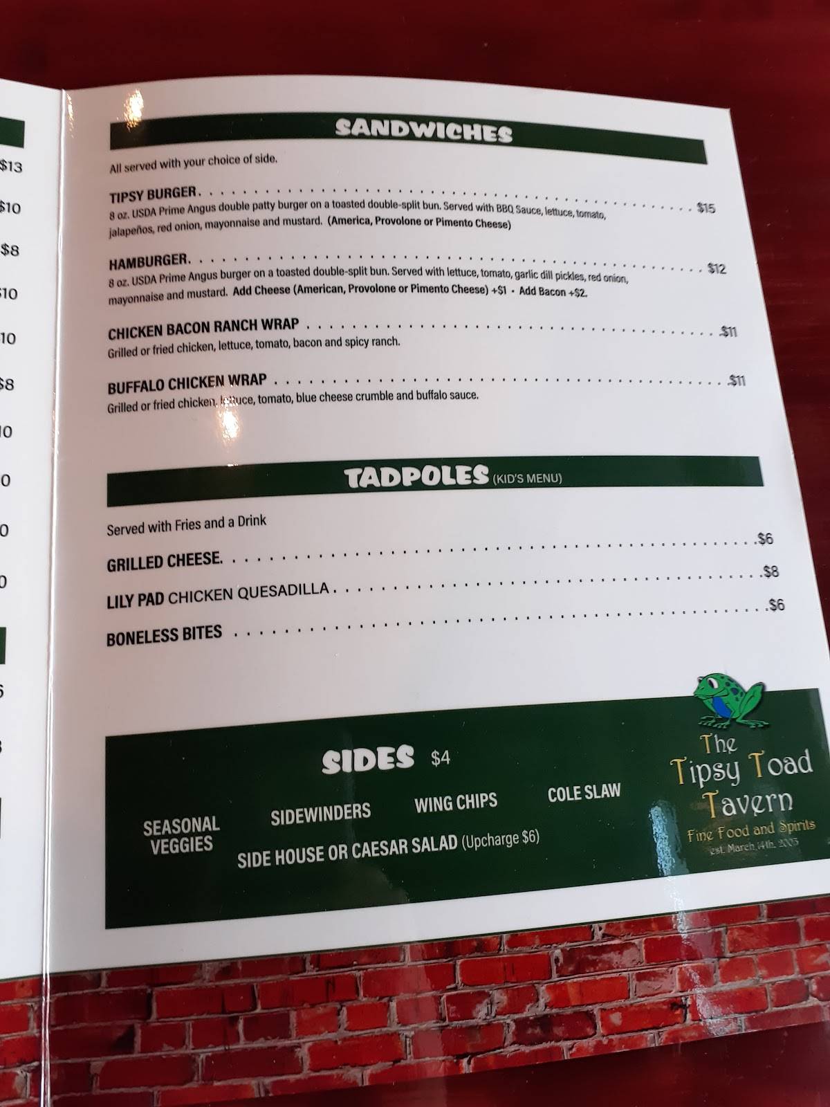 Menu at Tipsy Toad Tavern pub & bar, Chapin, 103 Beaufort St C