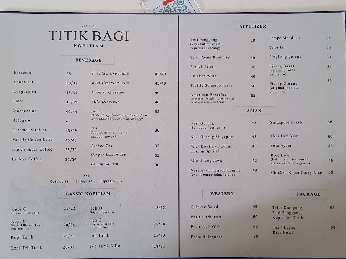 Carta del café Titik Bagi Kopitiam, North Jakarta