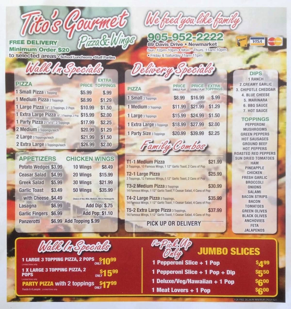 Menu au Tito's Gourmet Pizza restaurant, Newmarket, Bayview Ave