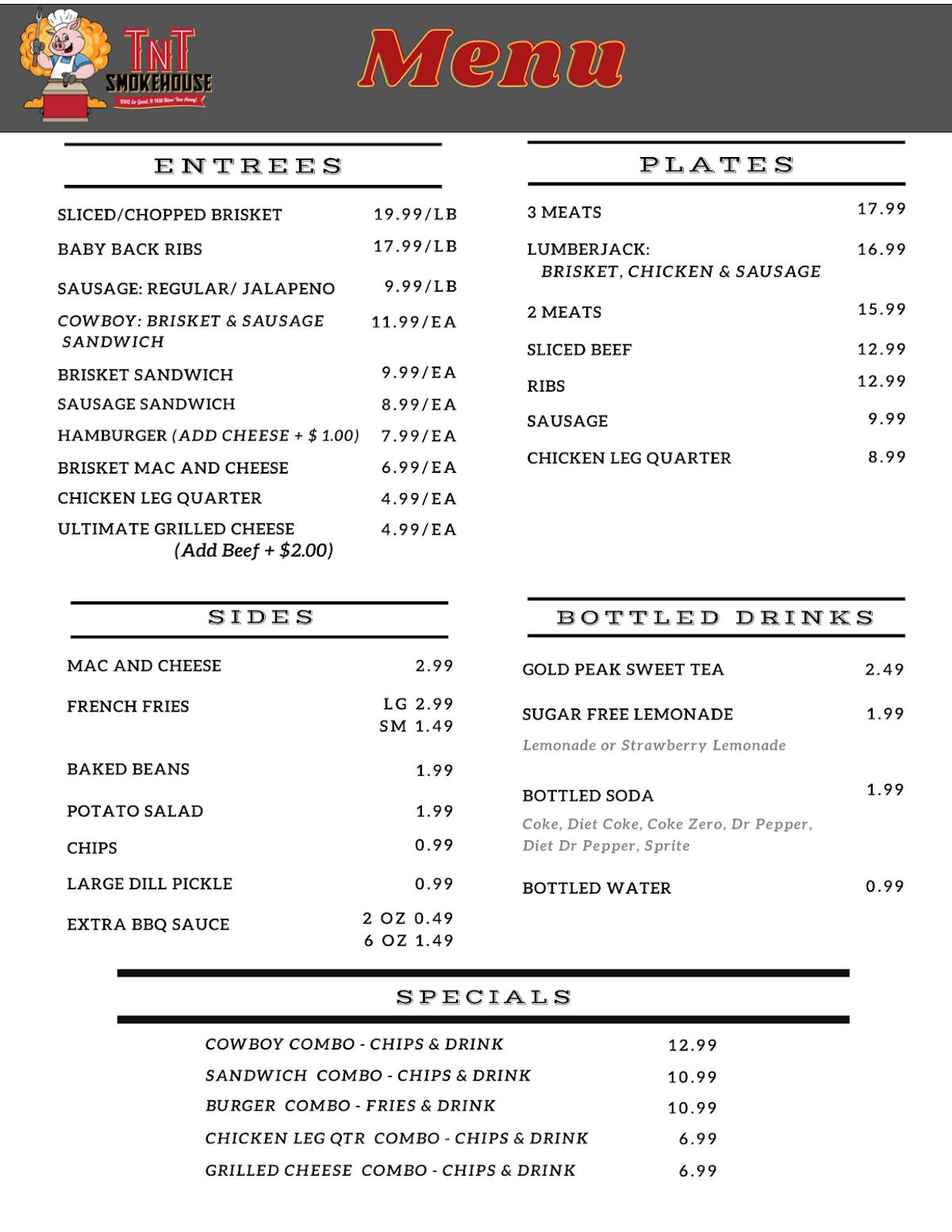 Menu at TnT Smokehouse restaurant, Lufkin