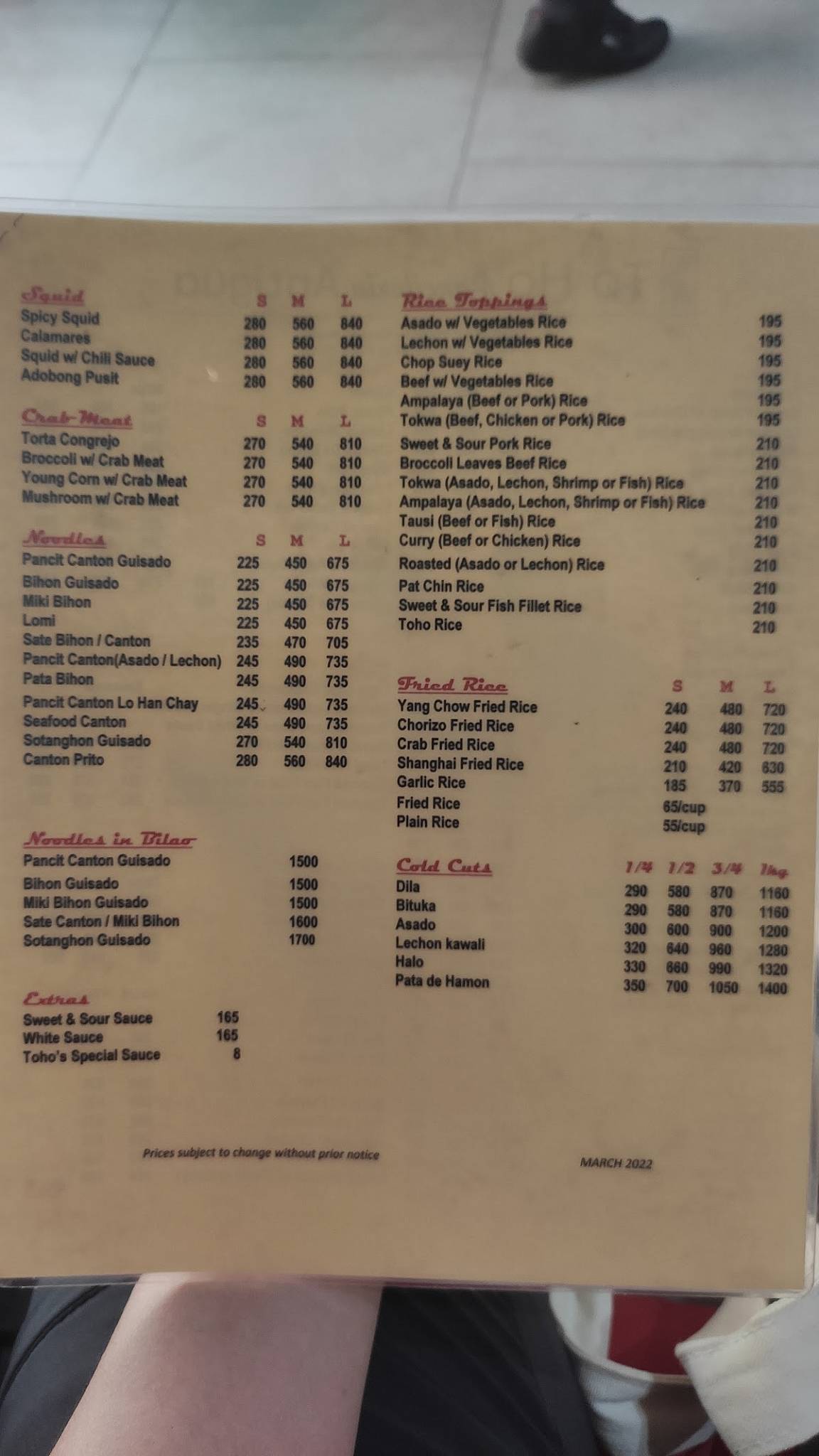 Menu at To Ho Panciteria Antigua restaurant, Manila, 422 Tomas Pinpin St